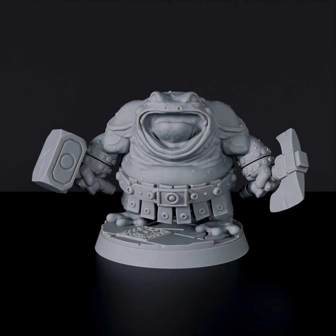 Morg the Swatter - frog warrior with axe and hammer - Sullen Swampfolk